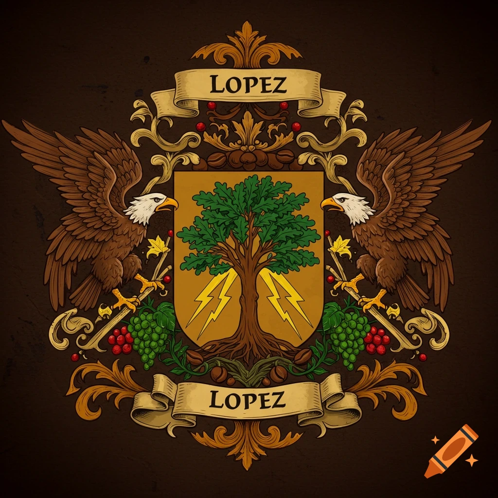 Illustration of a family crest with eagles, tree, lightning, and ...