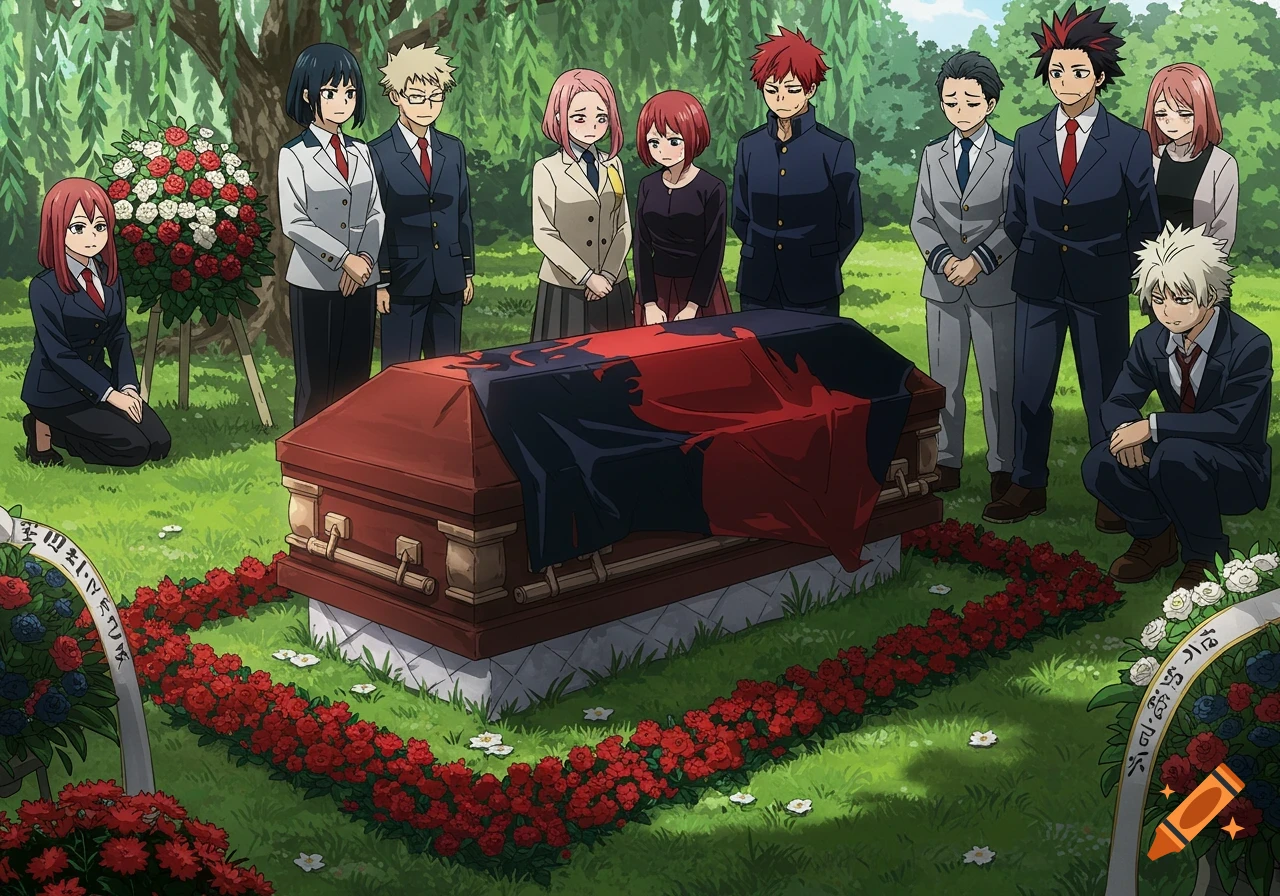 Anime characters mourn around a coffin at an outdoor funeral scene. on ...