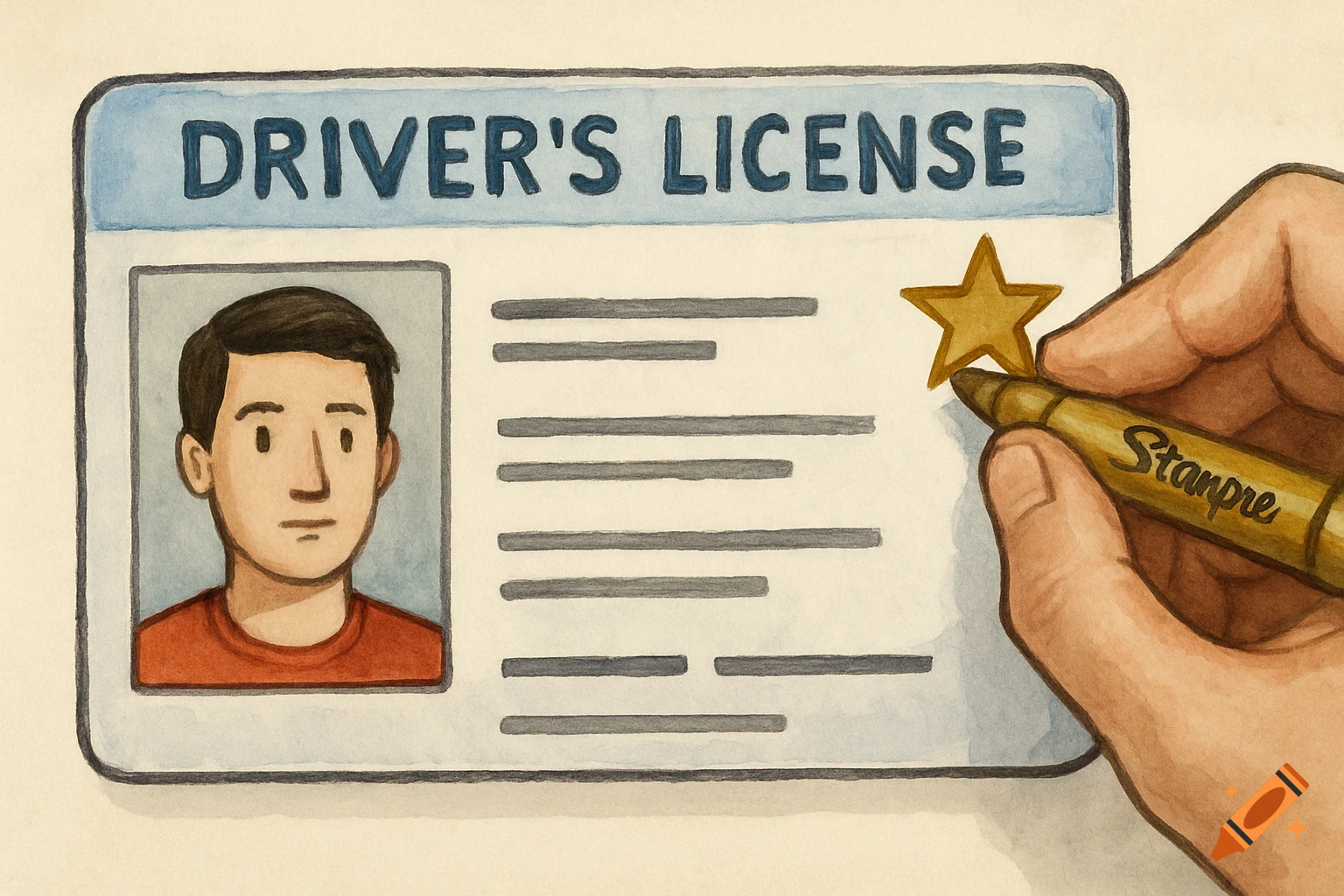 Illustration of a hand drawing a gold star on a driver's license with a ...