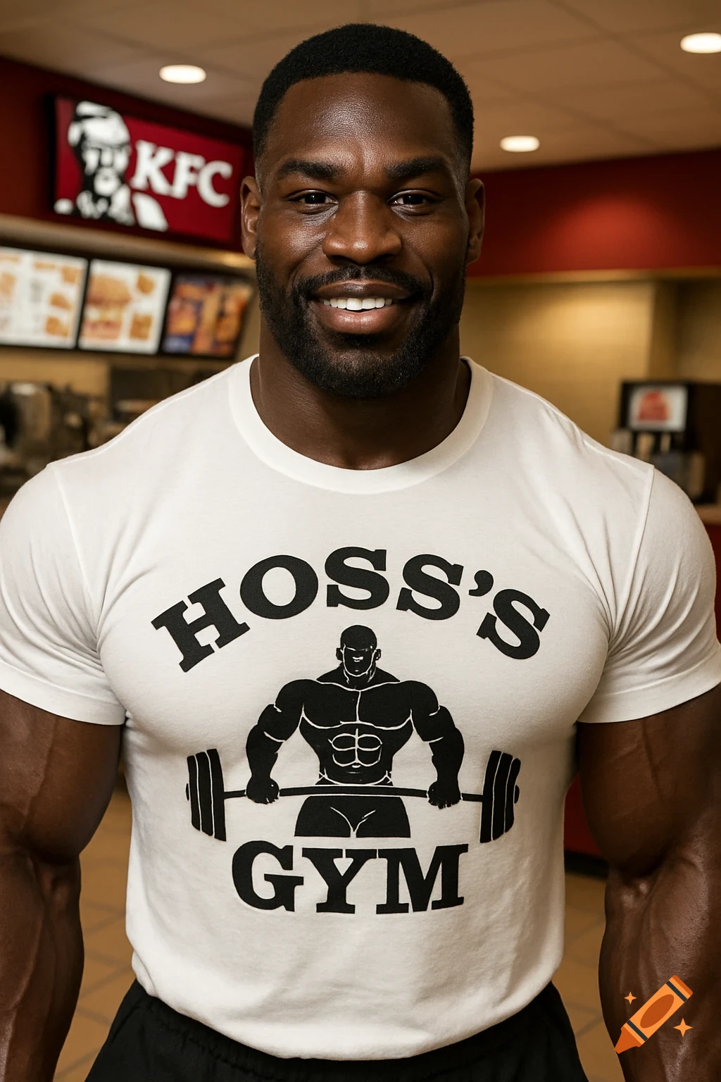 Muscular Black man smiling in a KFC, wearing a Hoss's Gym t-shirt on ...