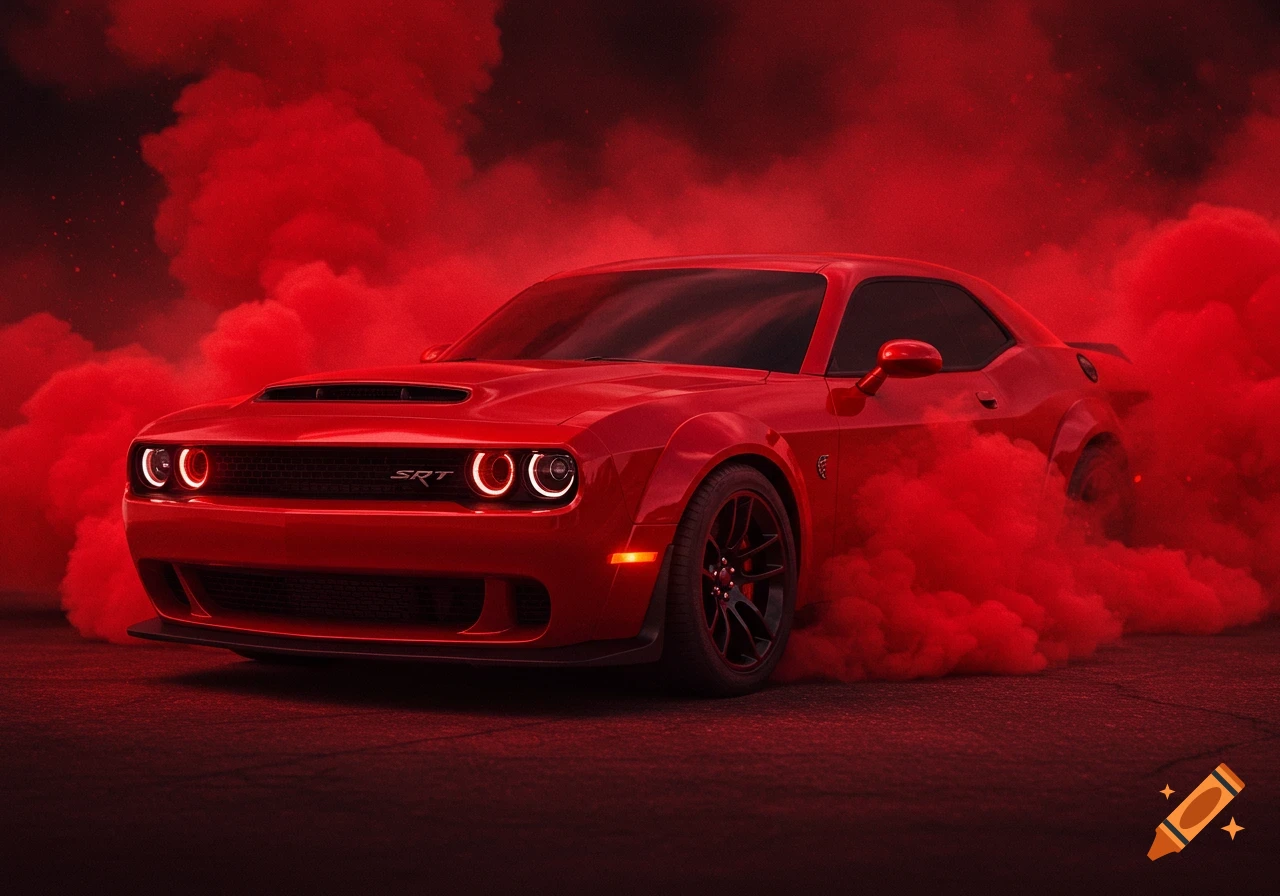 Red SRT Demon car in red smoke with red lighting on Craiyon