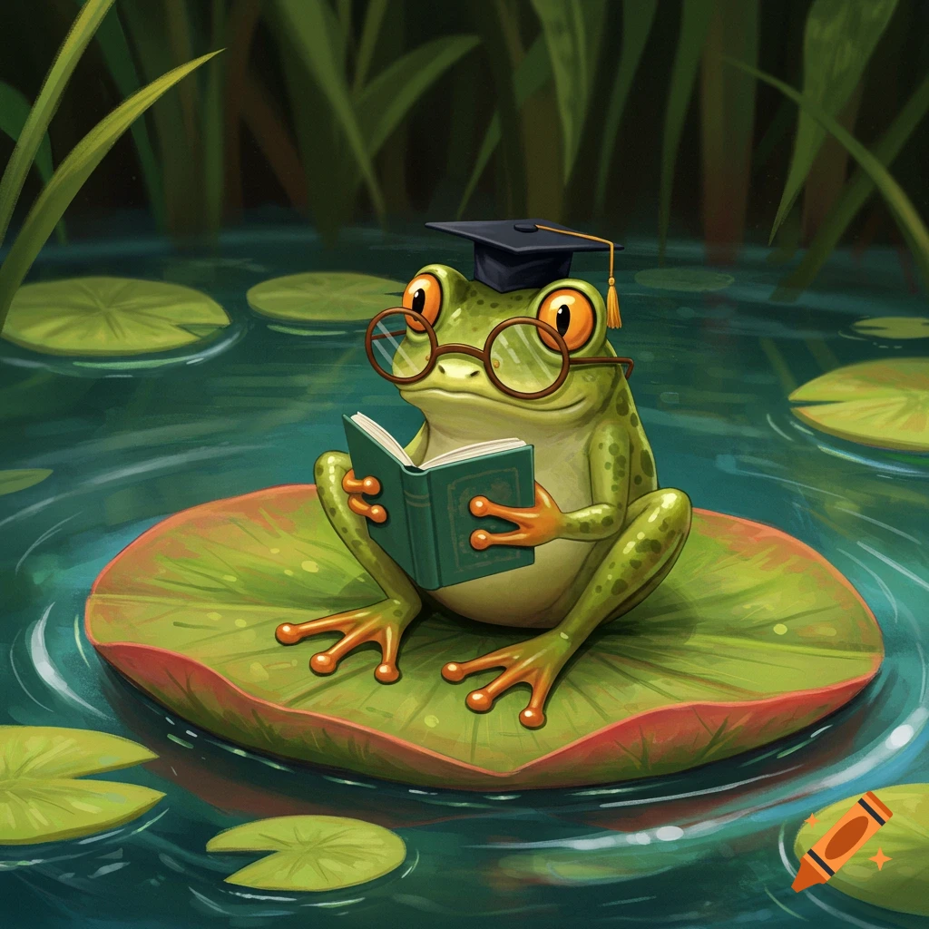 Cartoon illustration of a frog with glasses and graduation cap sitting ...