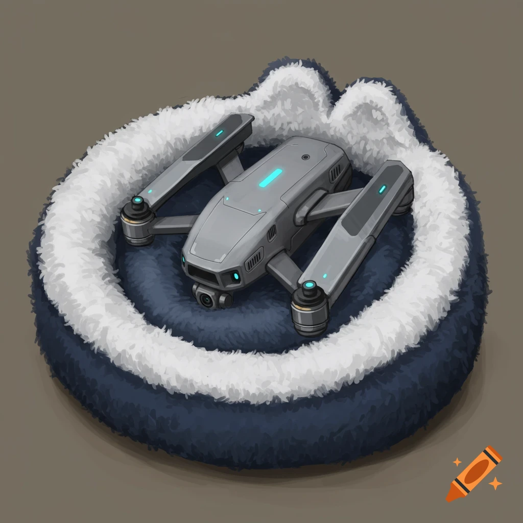 An illustration of a gray drone sitting in a fluffy blue and white cat ...