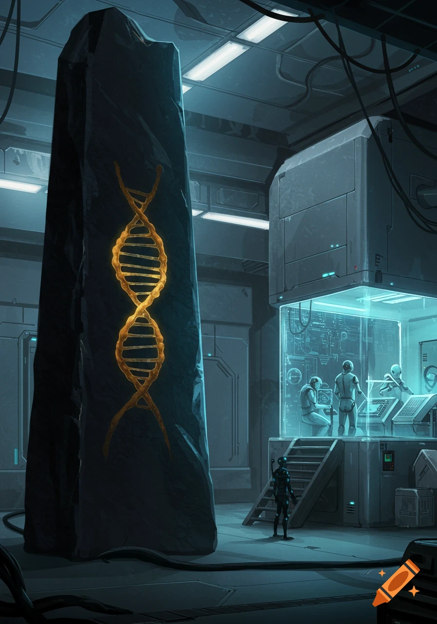A sci-fi lab with a monolith engraved with a golden DNA helix and ...