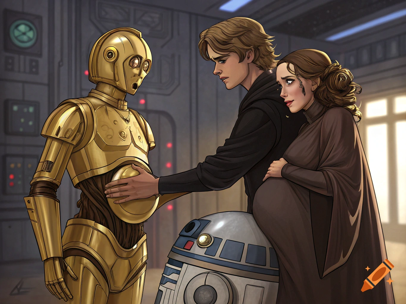 Anakin Skywalker and pregnant Padme Amidala with C-3PO and R2-D2 in a ...