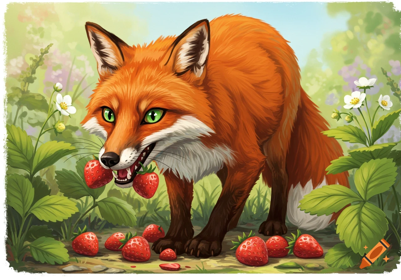 An illustrated red fox holds two strawberries in its mouth, surrounded ...