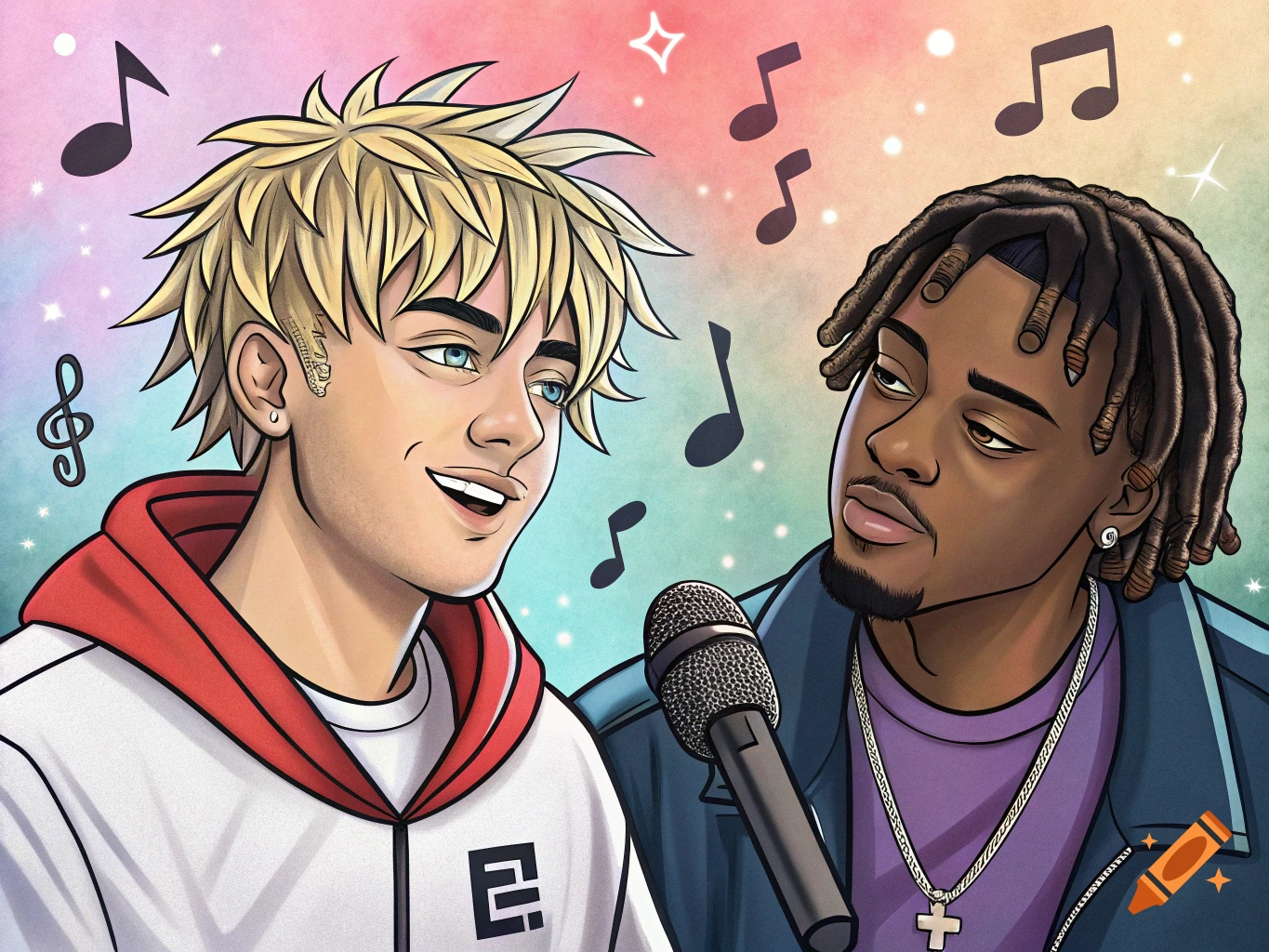 Cartoon illustration of two men singing with a microphone, musical ...