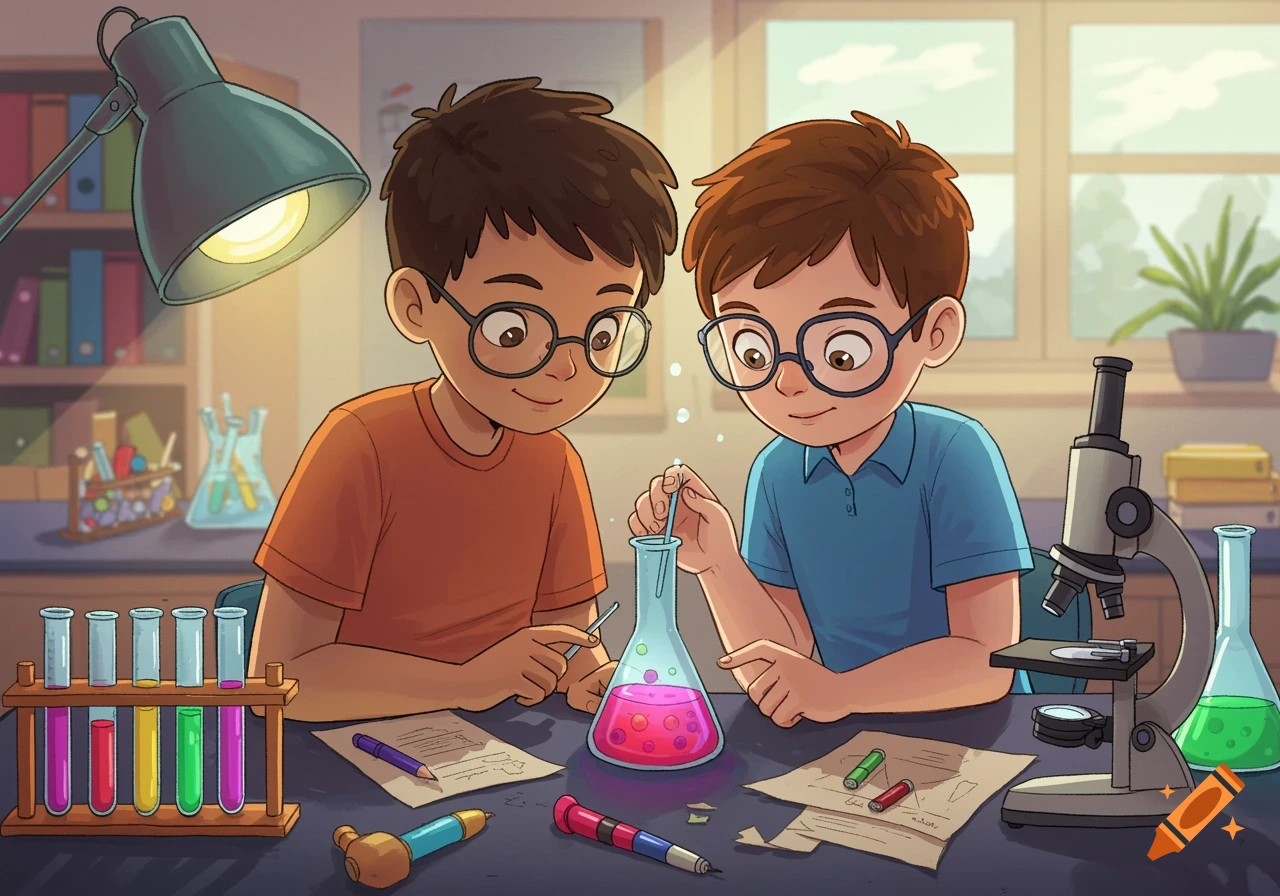 Clipart illustration of two boys doing a science experiment in a ...