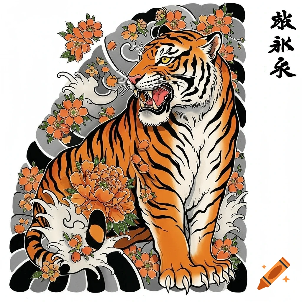 Japanese style illustration of a tiger with flowers and waves on Craiyon