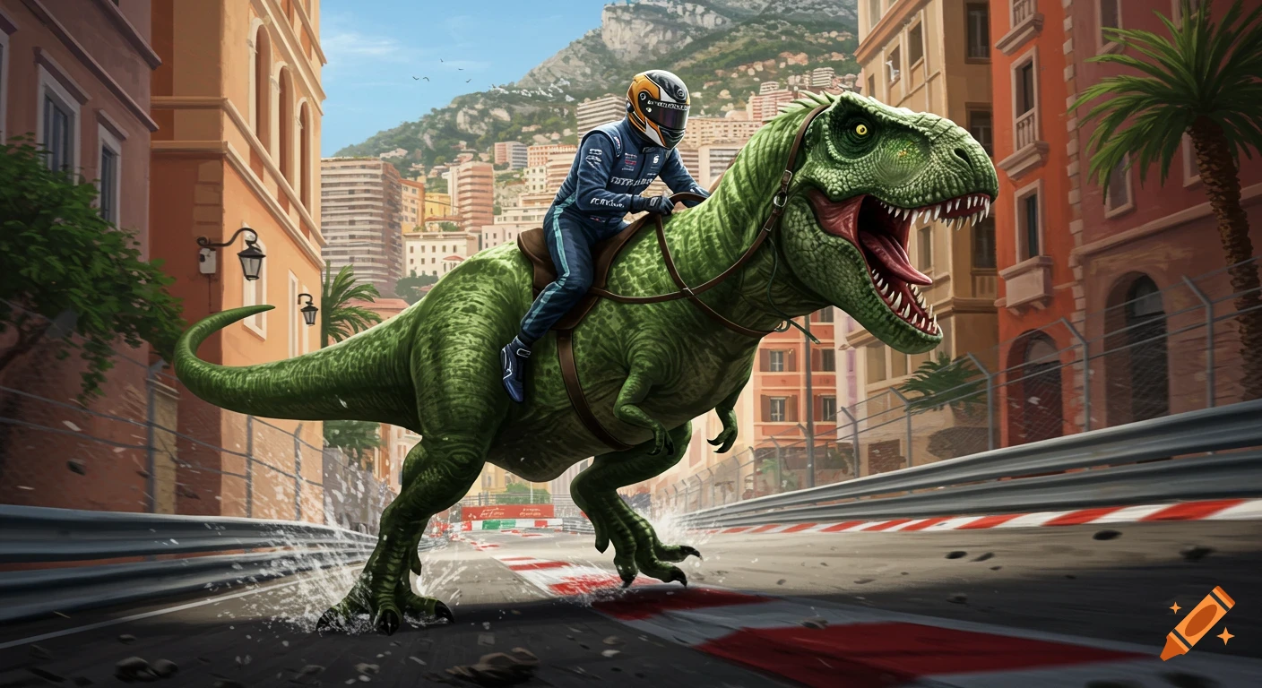 An F1 driver rides a T-Rex down the Monaco Grand Prix circuit. on Craiyon