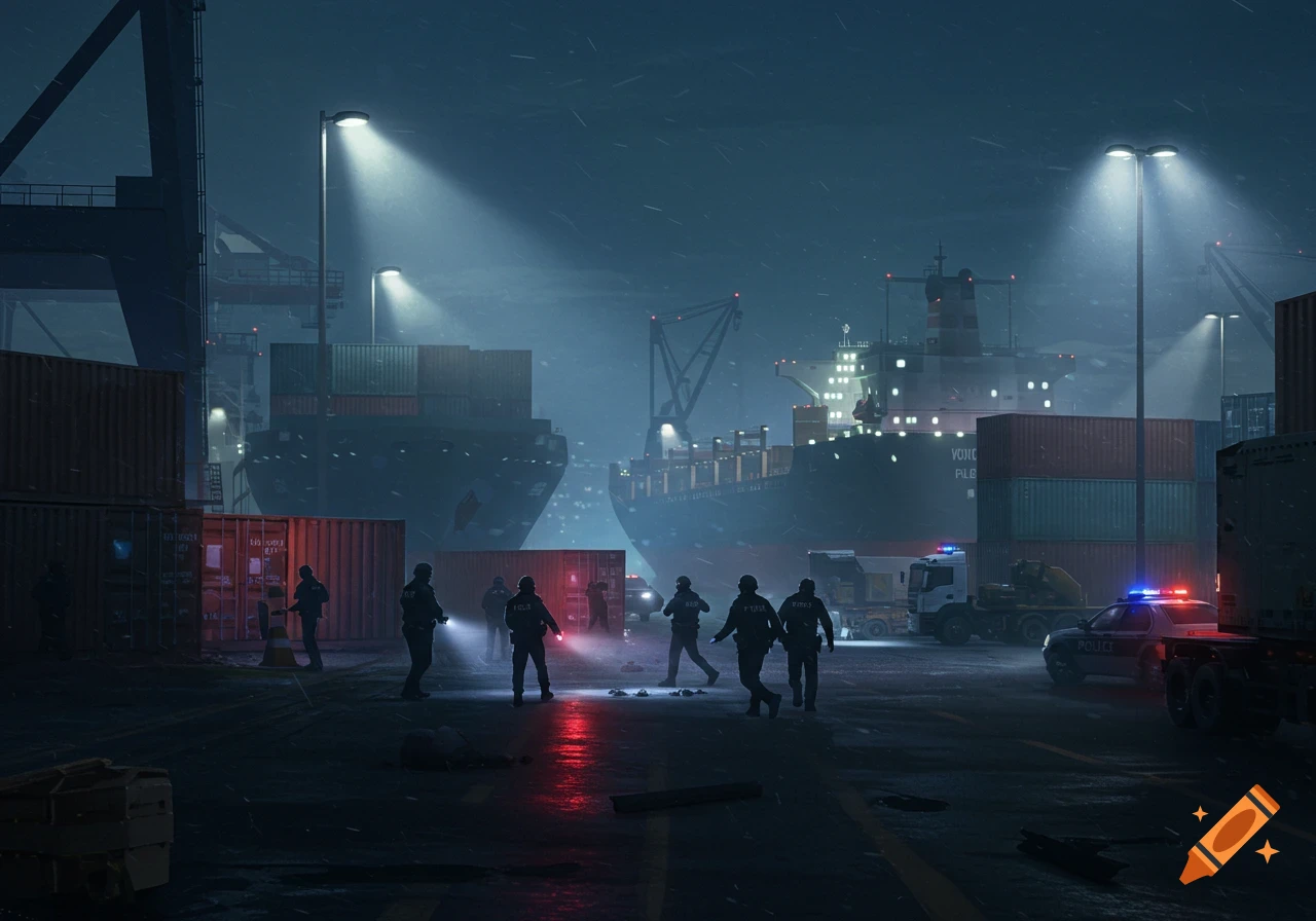 Police officers investigate a shipping harbour at night with ships and ...