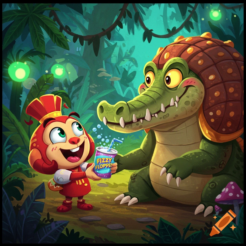 Cartoon creature gives a 'fizzy flopper' drink to a crocodile in a ...