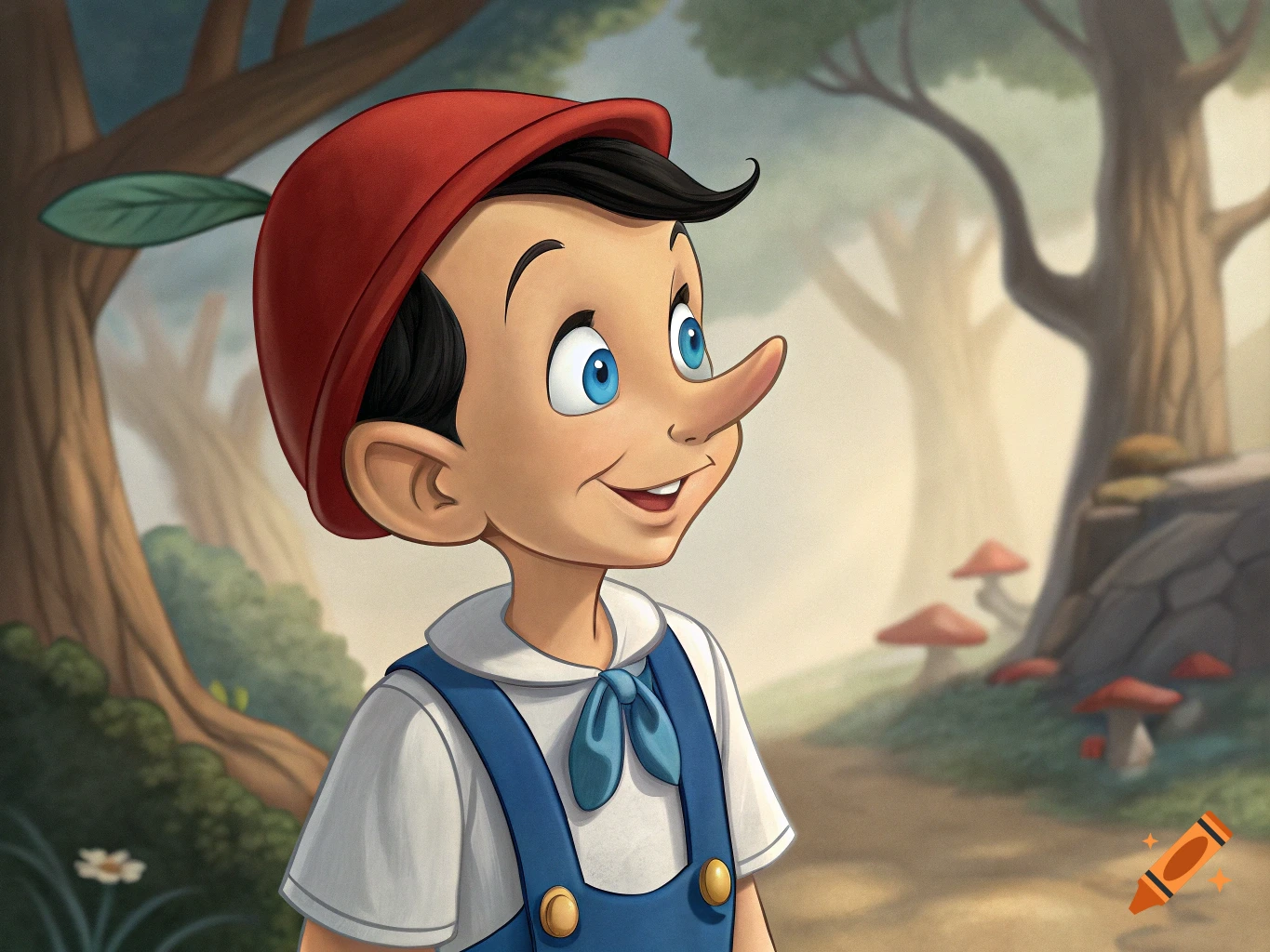 Illustration of Pinocchio with a long nose standing in a forest. on Craiyon