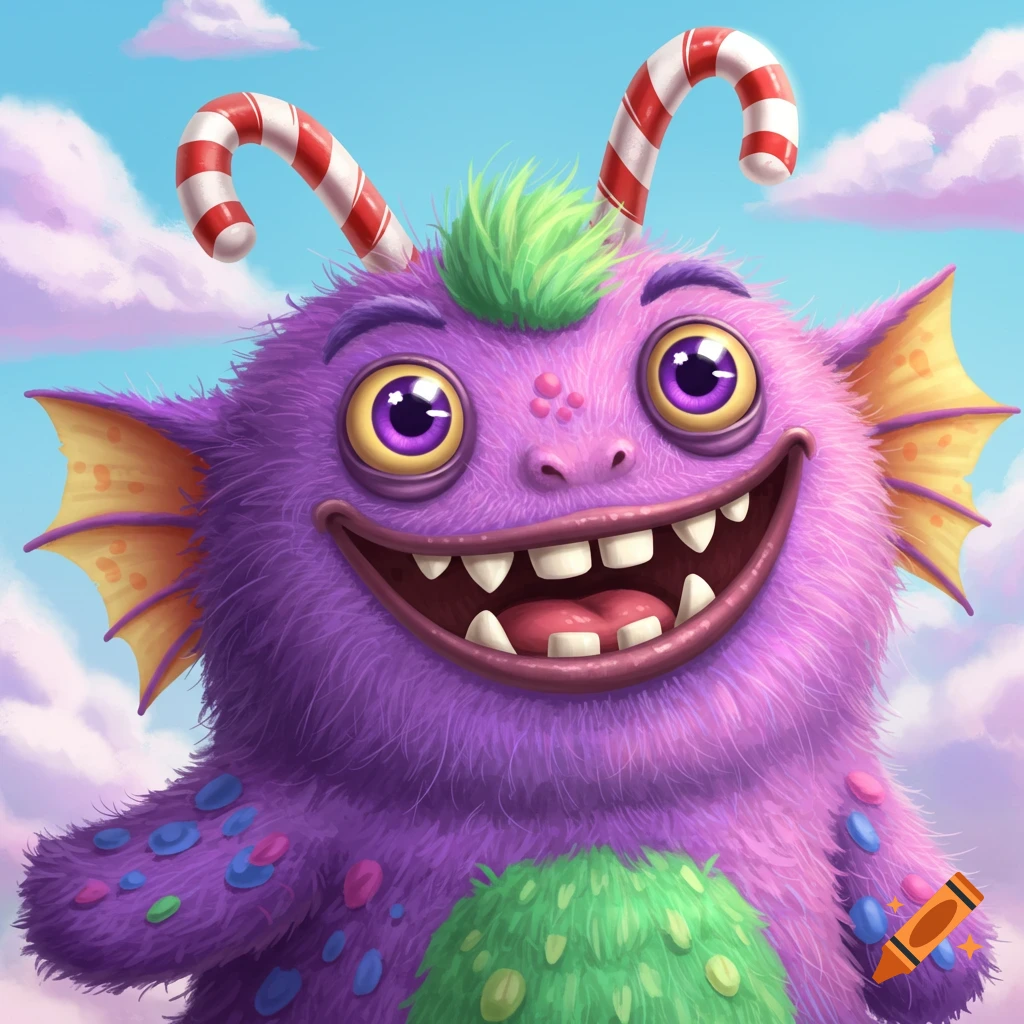 A purple furry monster with candy cane horns and big eyes smiles widely ...