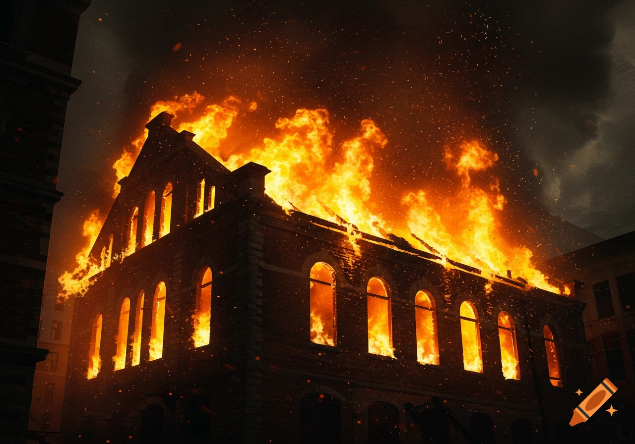 A dark stone building engulfed in intense fire, flames pouring from the ...