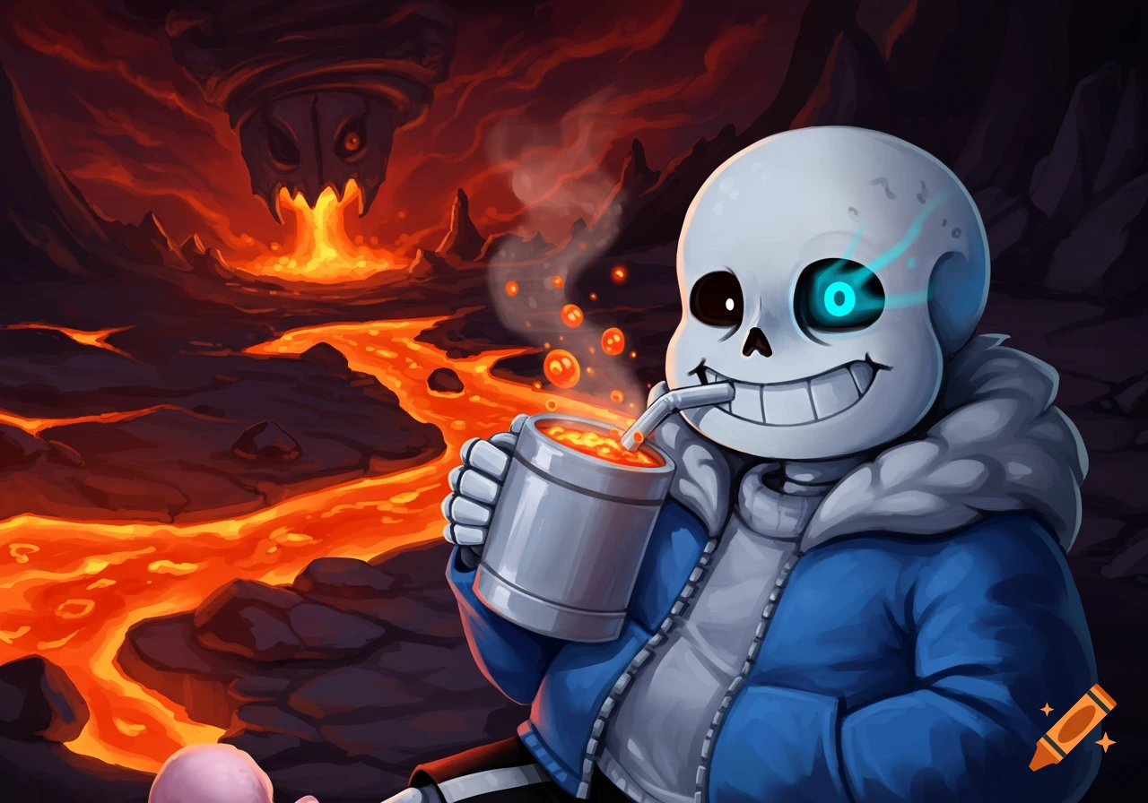 Sans the skeleton happily drinks from a mug while sitting before a lava ...