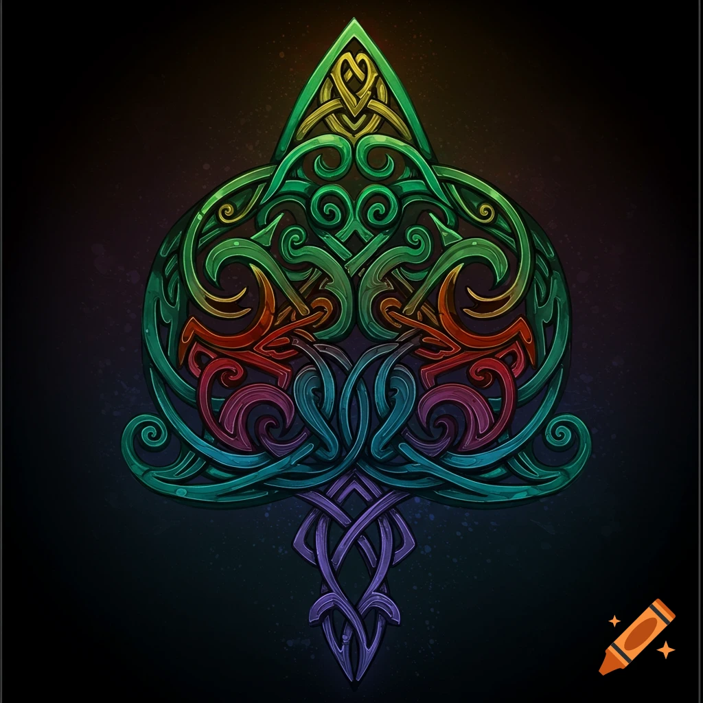 Colorful intricate knotwork design resembling a spade on a dark ...