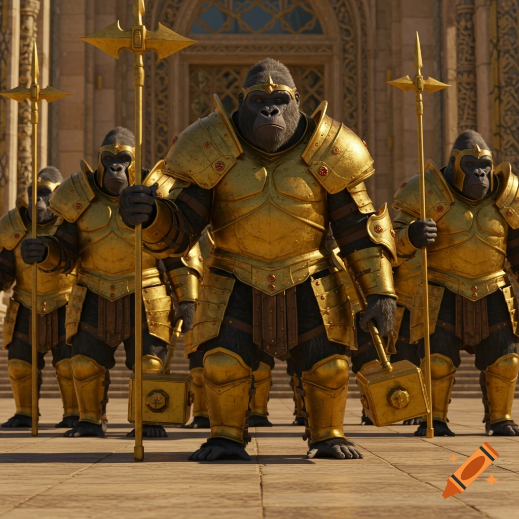 Armored gorillas in gold plate armor holding spears and hammers ...