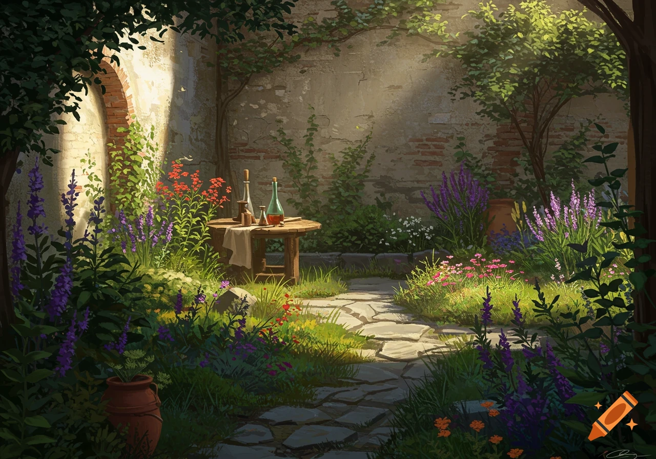 Overgrown garden with stone path, table with bottles, and abundant ...