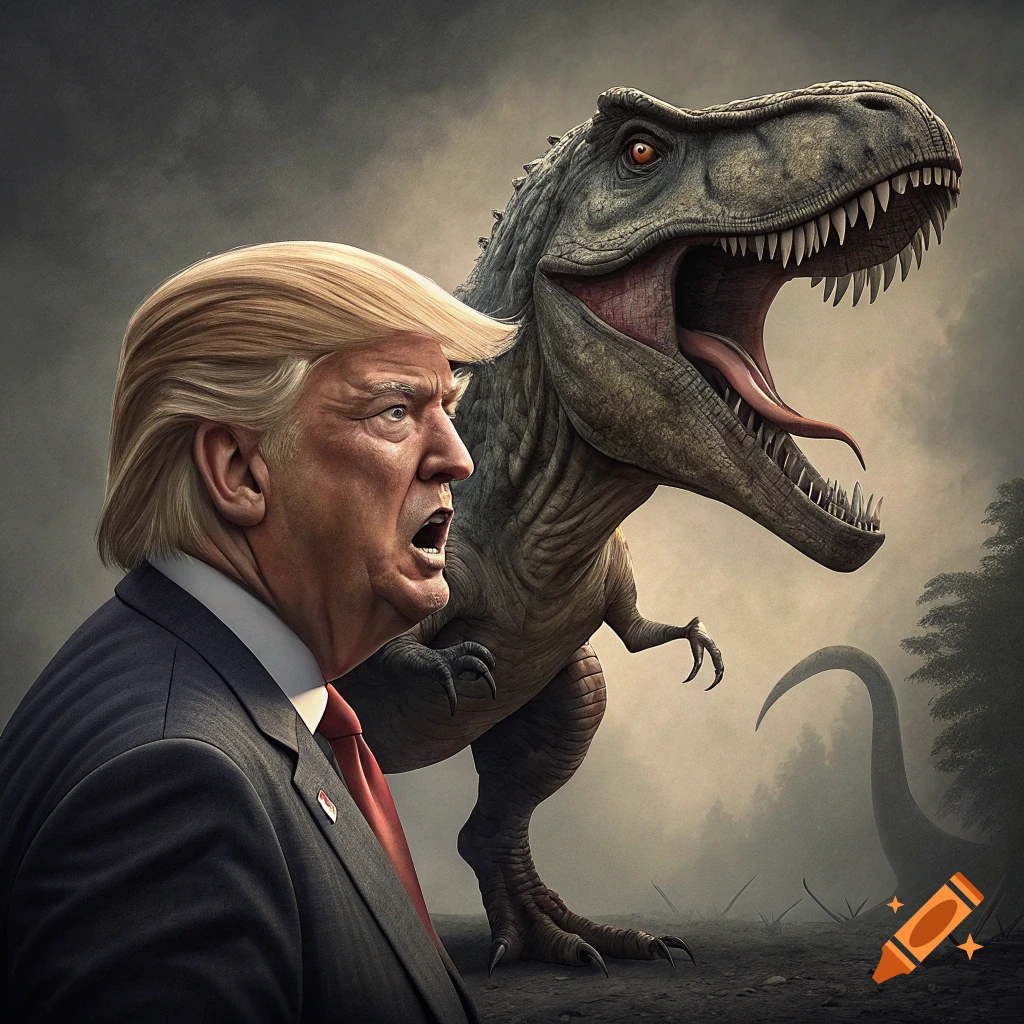 Donald Trump stands beside a roaring Tyrannosaurus Rex in a prehistoric ...
