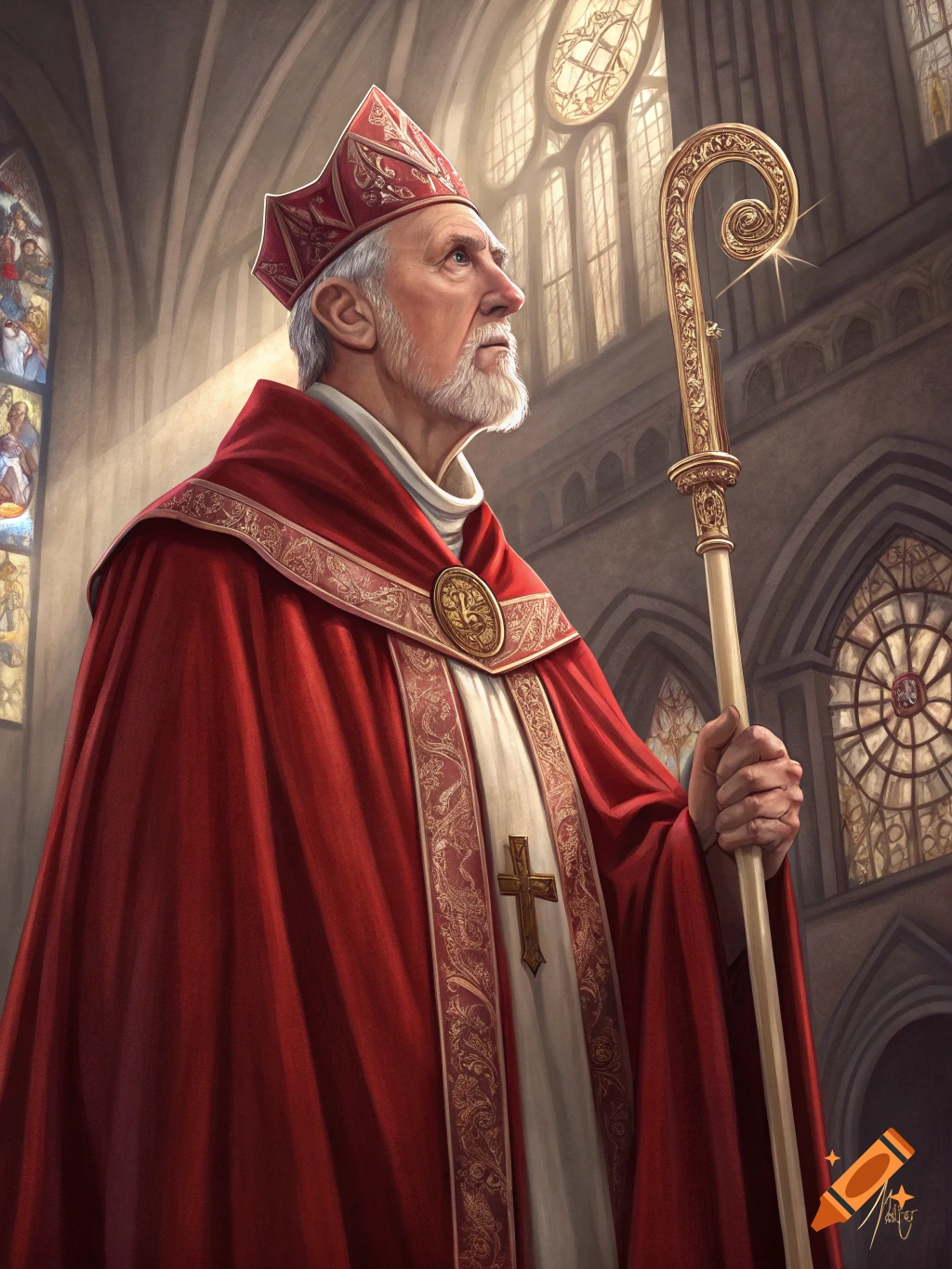 Painting of a bishop in red robes holding a staff in a church. on Craiyon