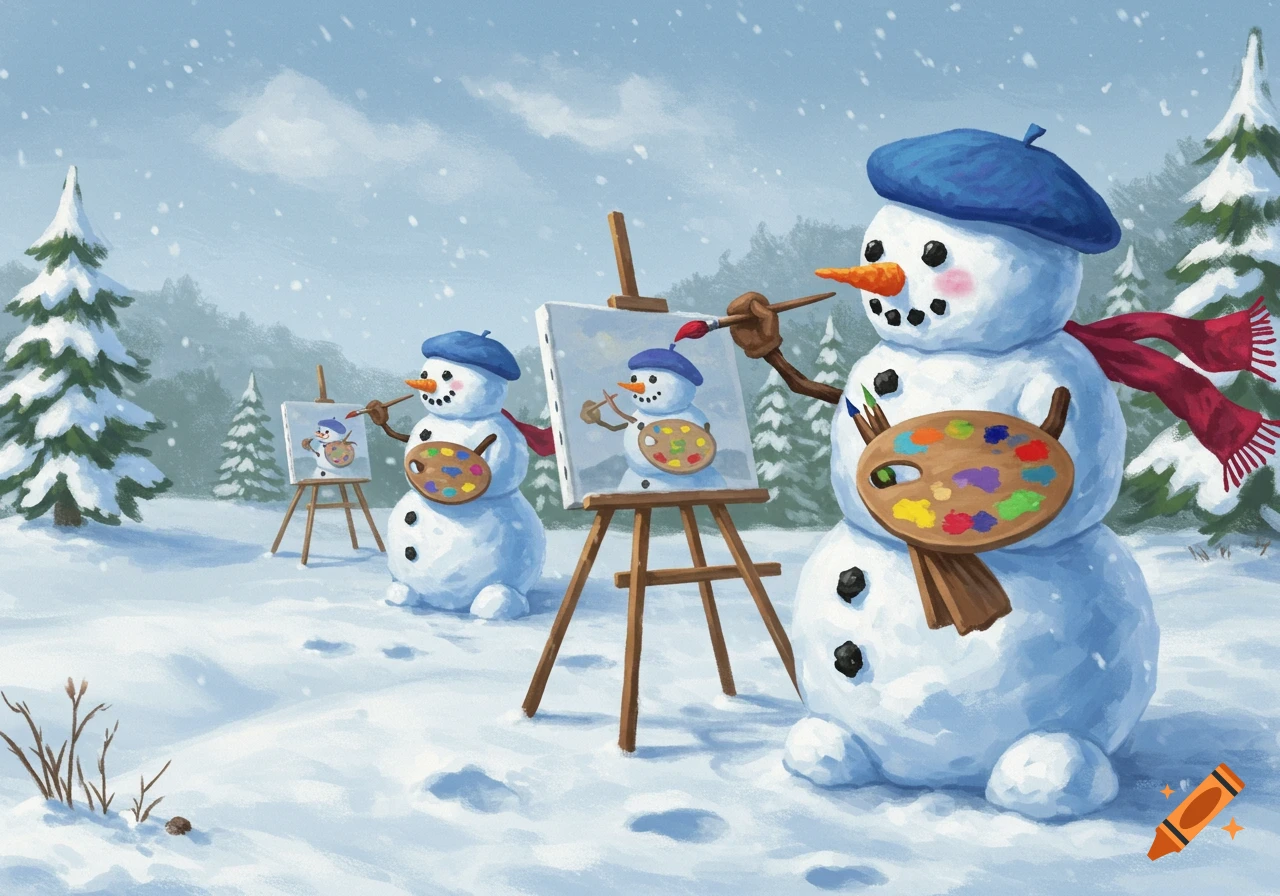 Snowmen painting portraits of each other in a snowy landscape ...
