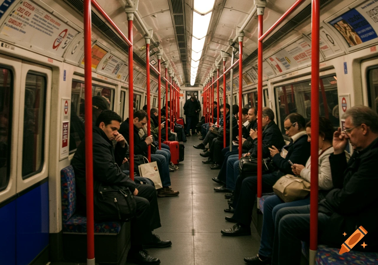 Interior of a crowded London Underground train carriage with passengers ...