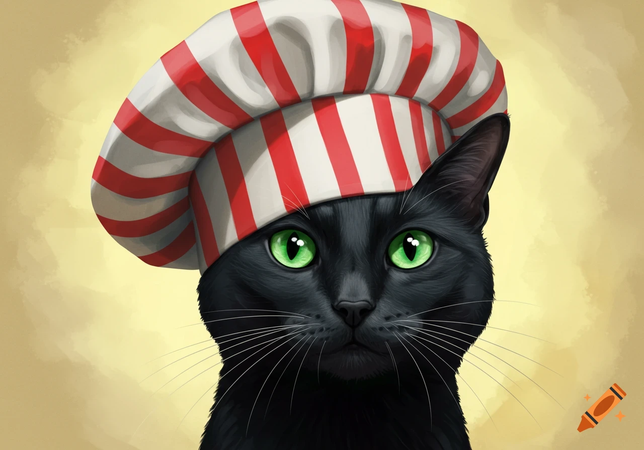 A black cat wears a red and white striped chef's hat. on Craiyon
