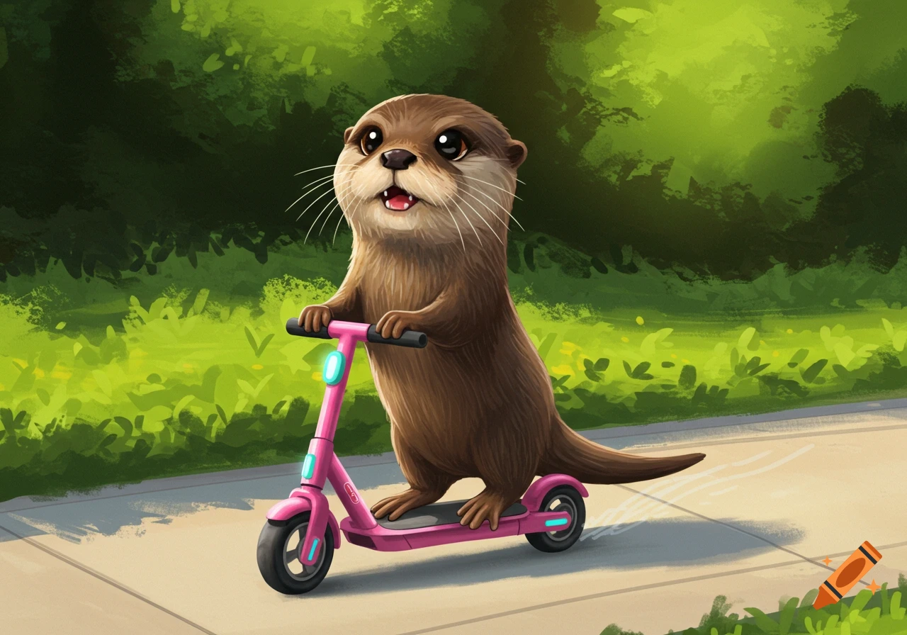 A cute otter rides a pink electric scooter on a sidewalk in an ...