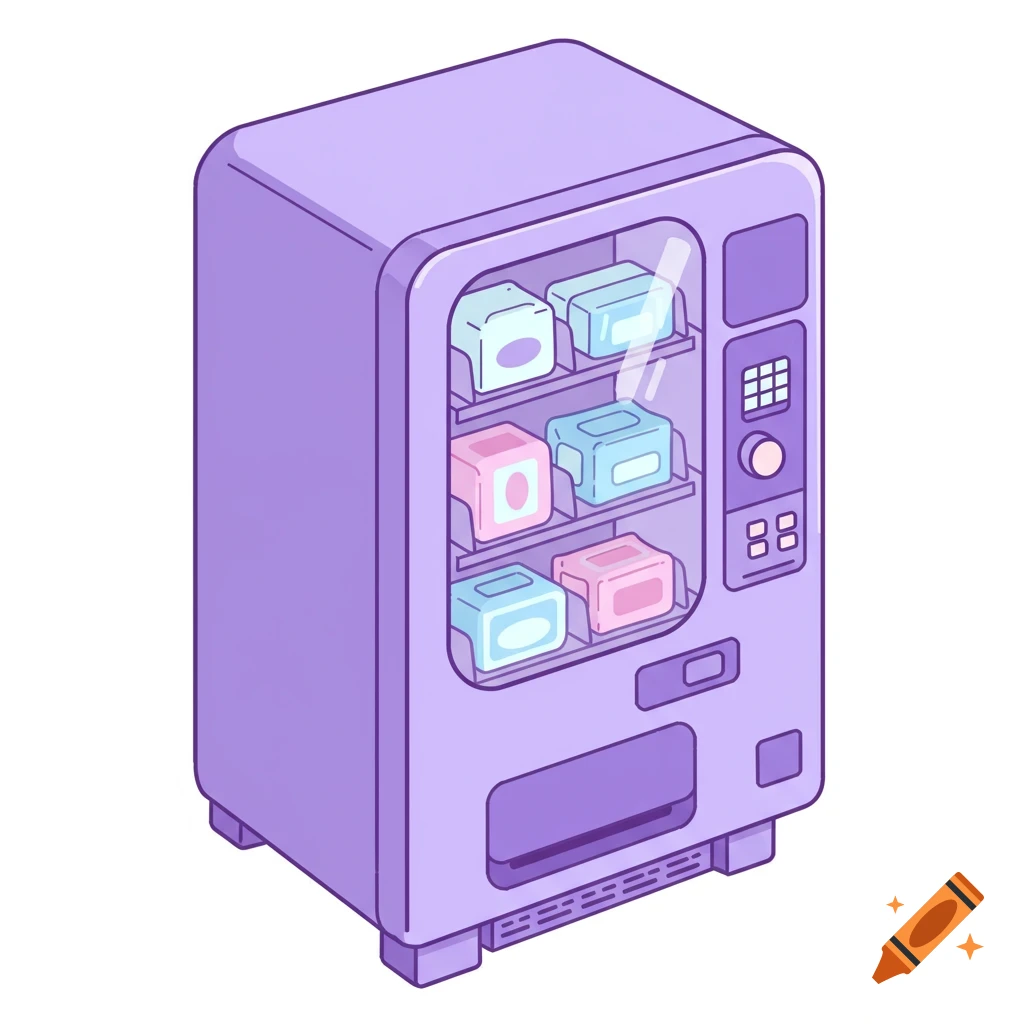 Purple vending machine with products, cartoon clipart style. on Craiyon