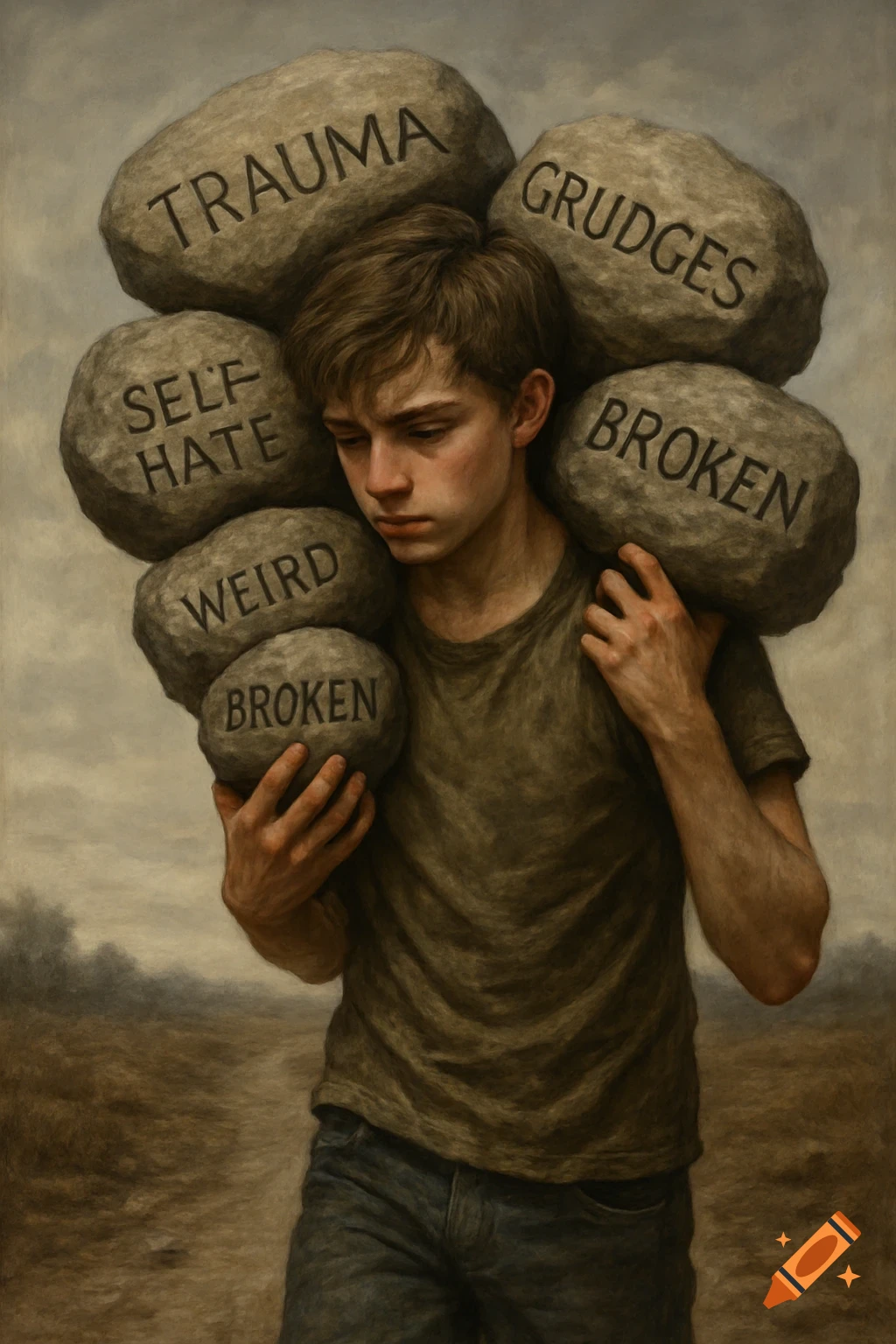 Young boy carries rocks labeled 'trauma', 'grudges', 'self-hate ...