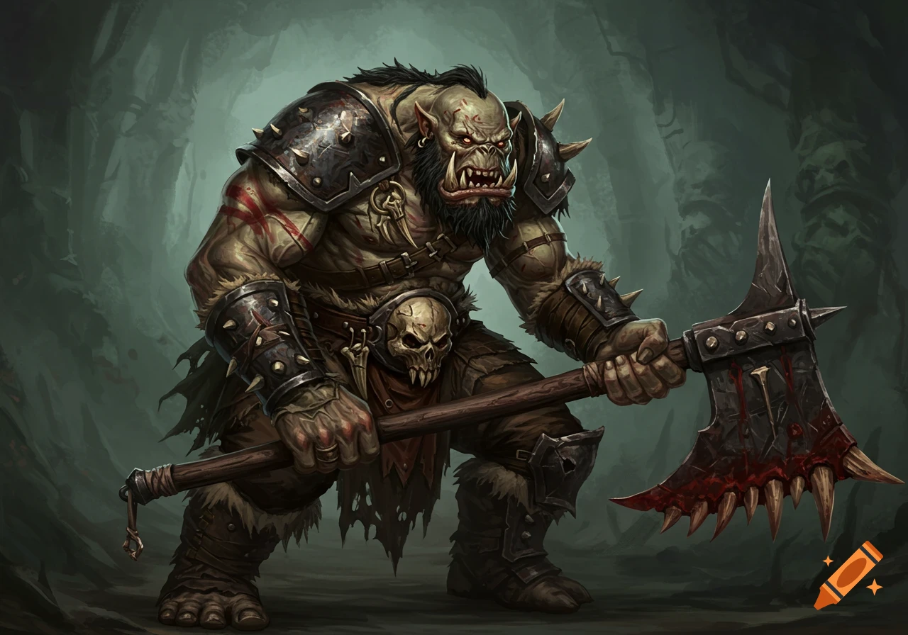 A green-skinned fantasy orc in armor holds a bloody axe in a dark forest setting. Digital ...