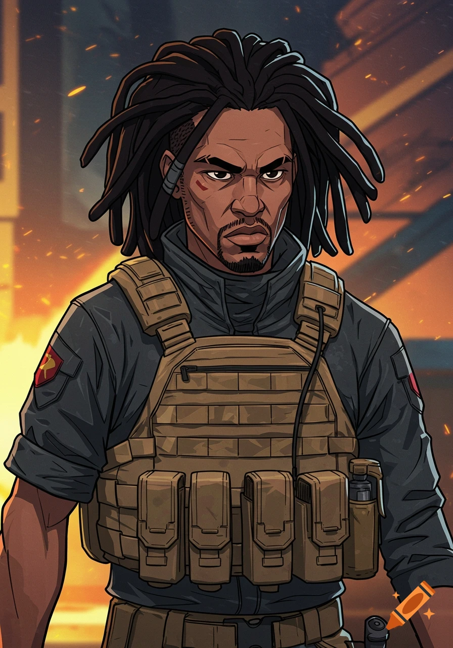 Cartoon portrait of a tactical man with dreadlocks wearing a plate ...