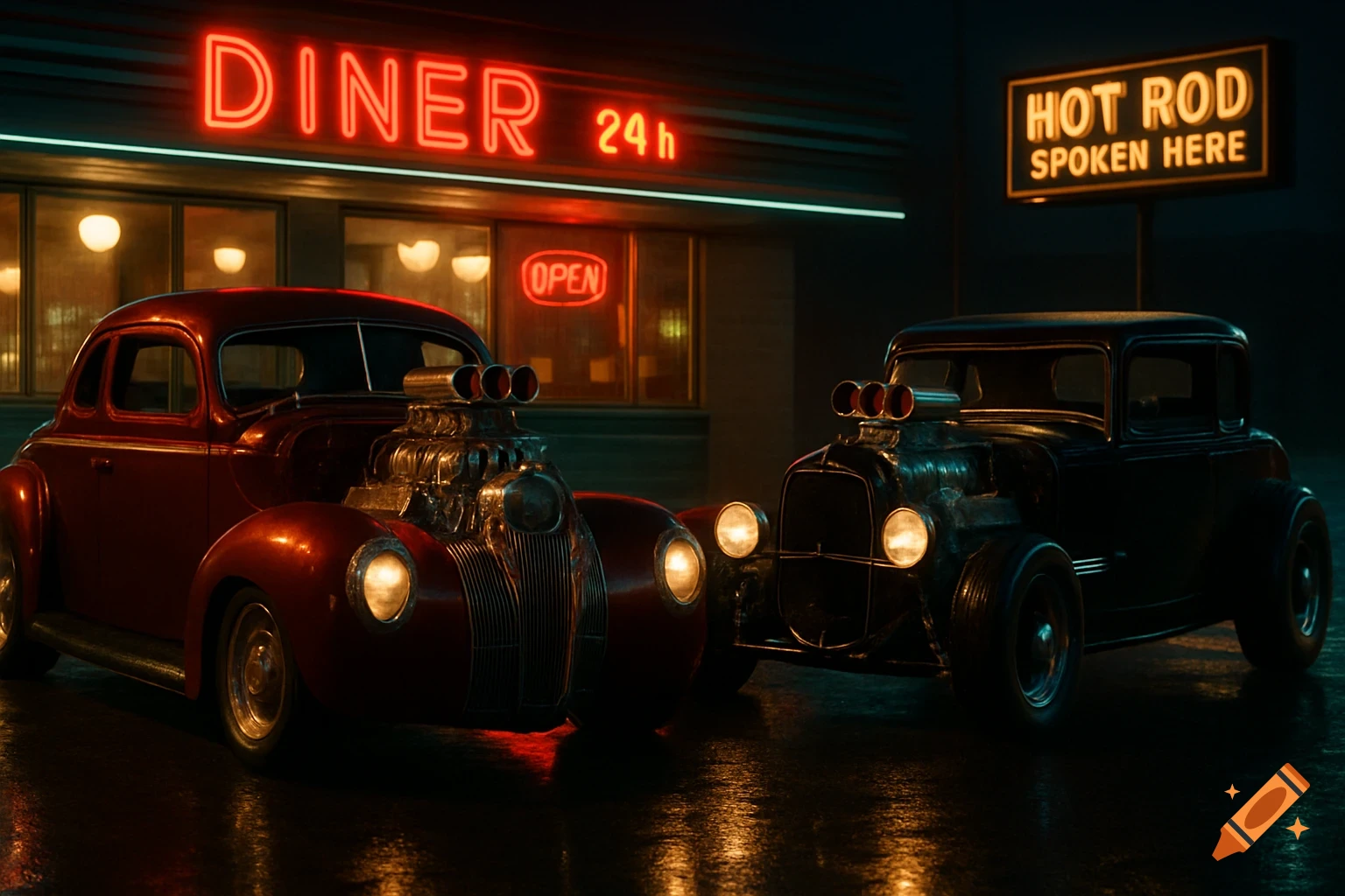 Two hot rods parked in front of a neon-lit diner at night. on Craiyon