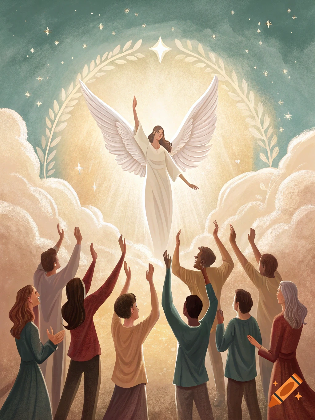 Stylized illustration of an angel in the sky surrounded by people ...