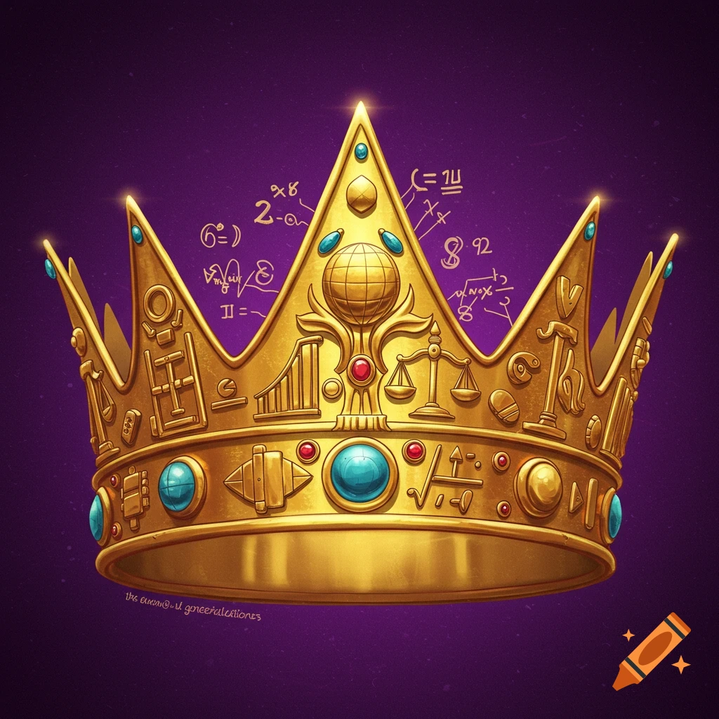 Detailed golden crown adorned with scientific and mathematical symbols ...
