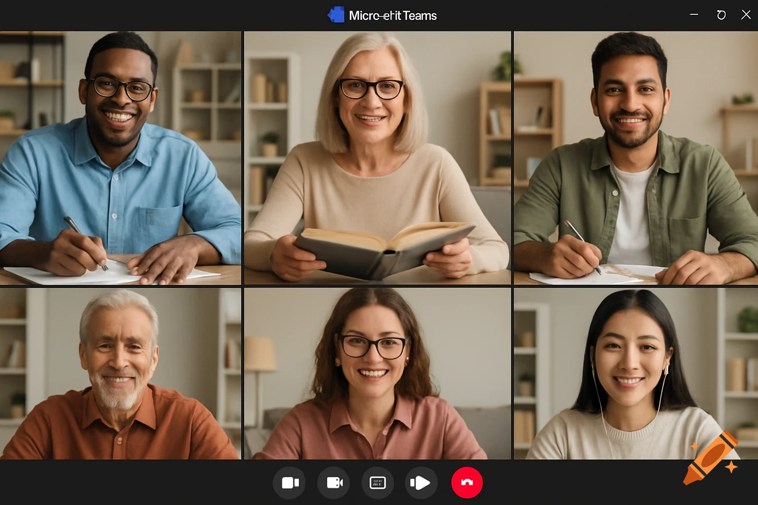 A realistic video call interface showing six diverse adults smiling in ...