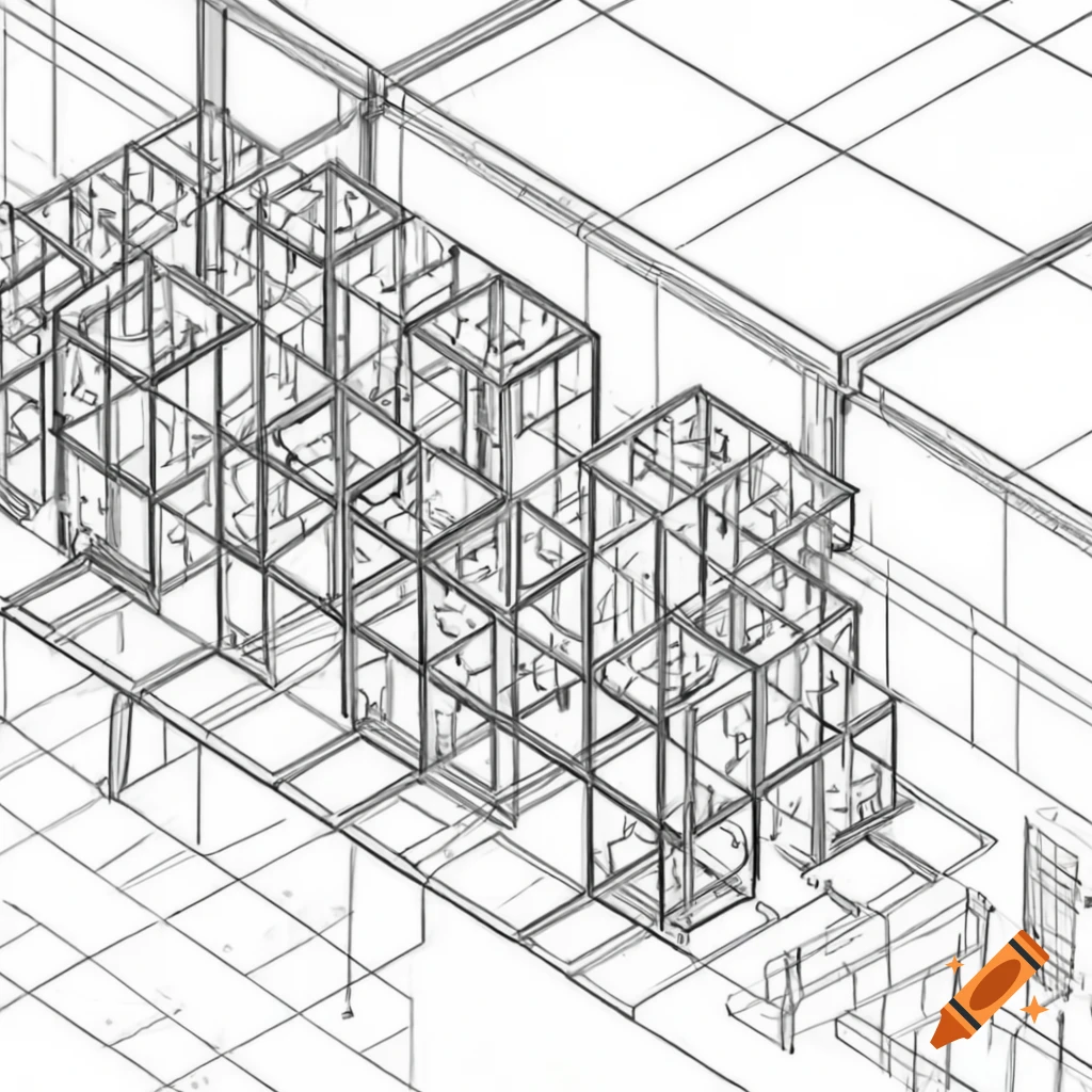 Pencil sketch of modular blocks fitting into an empty shell warehouse ...