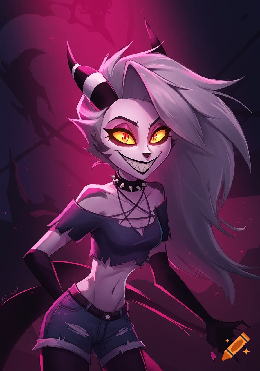 Stylized drawing of Loona from Helluva Boss with red eyes and white ...