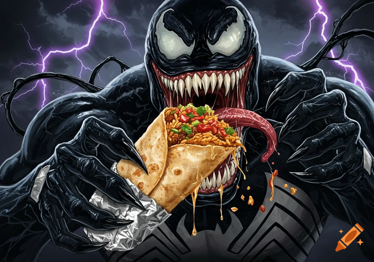 Venom, the black symbiote character with sharp teeth and long tongue ...