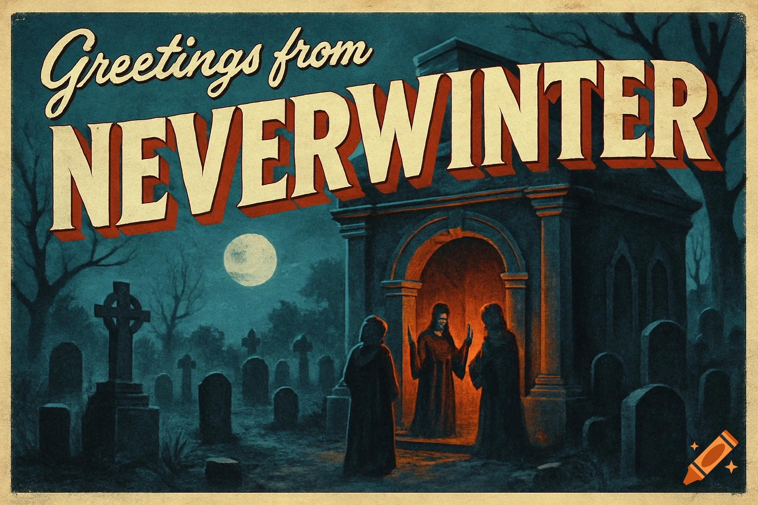 Retro postcard of a graveyard at night with robed figures and ...