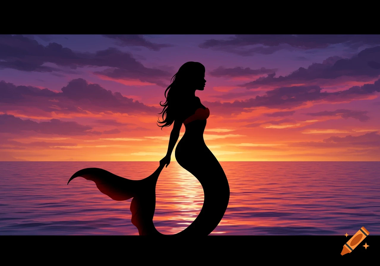 Silhouette of a mermaid against a vibrant sunset over the ocean. on Craiyon