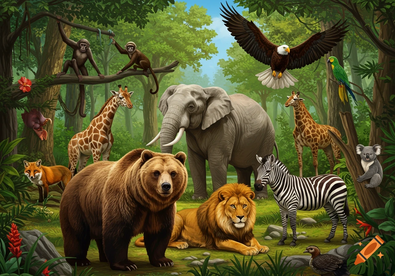 Illustration of many jungle animals including bear, lion, elephant ...