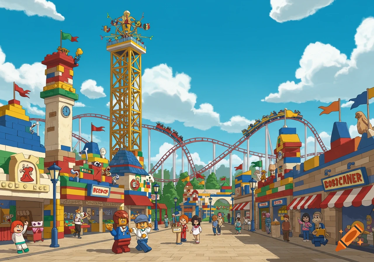 A cartoon style theme park inspired by Lego, featuring colorful block ...