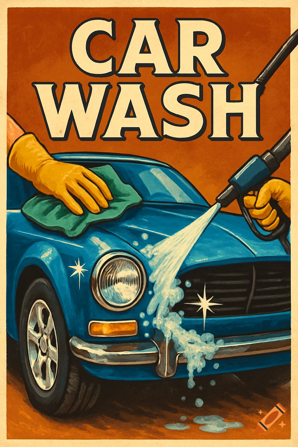 Vintage-style car wash poster showing a blue car being washed. on Craiyon