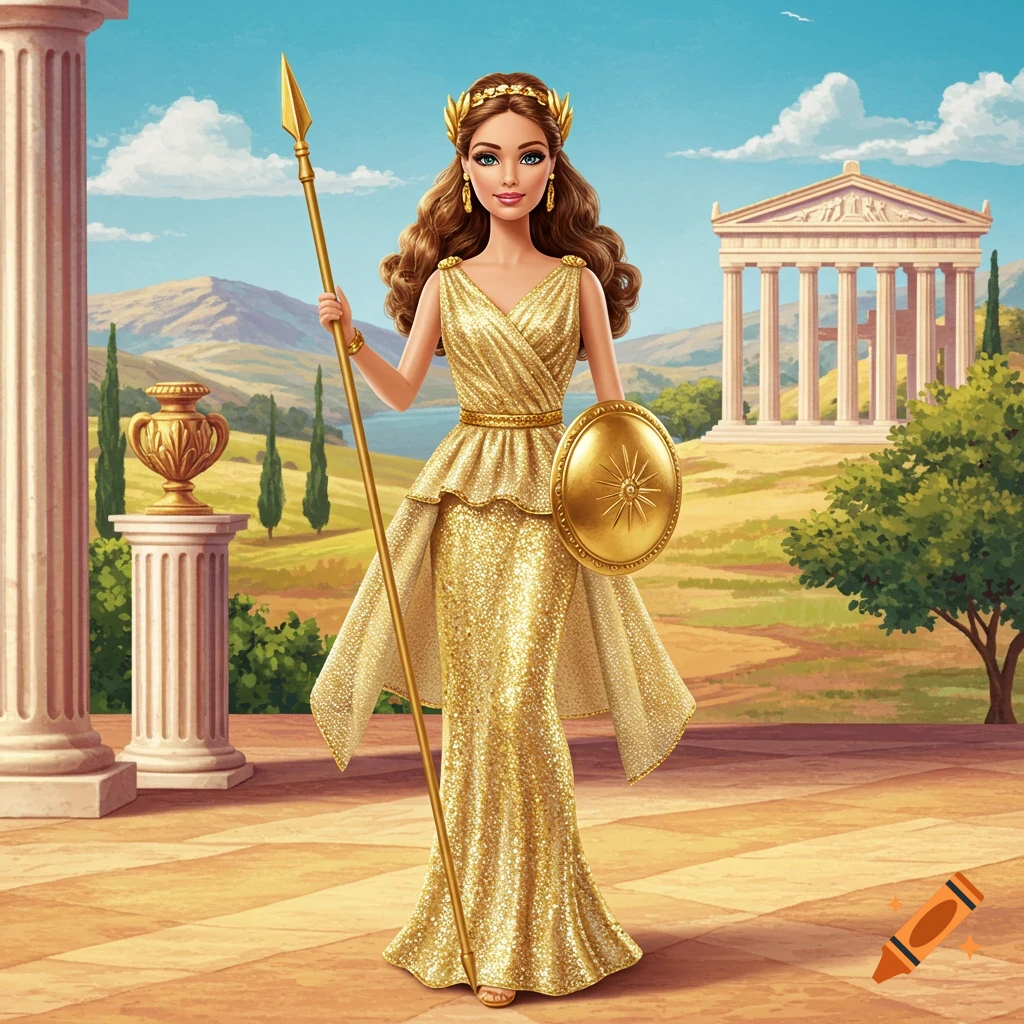 Barbie doll as Athena in golden dress with spear and shield in ancient ...