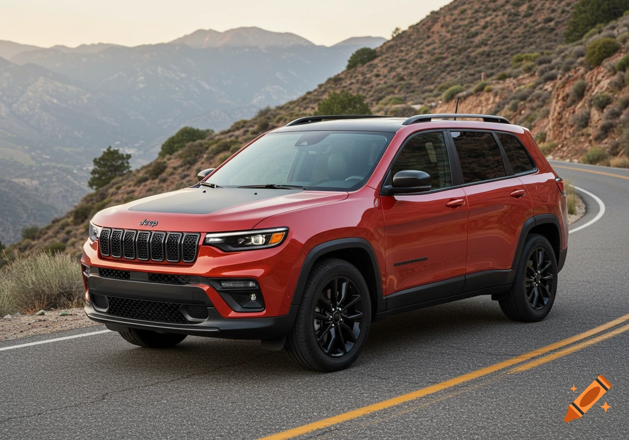 Red Jeep Cherokee SUV driving on a mountain road on Craiyon