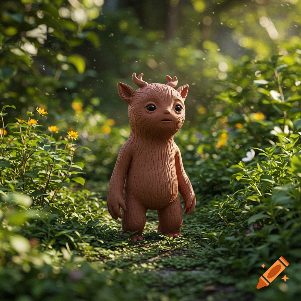 A small, clay-like creature with deer antlers stands on a sunlit forest ...
