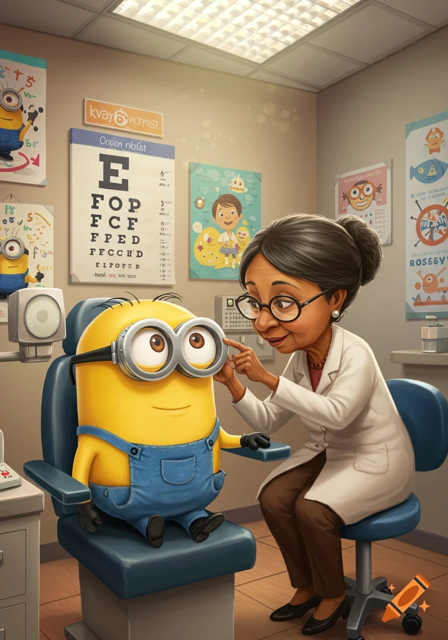 Cartoon style image of a Minion sitting in an eye exam chair while a ...