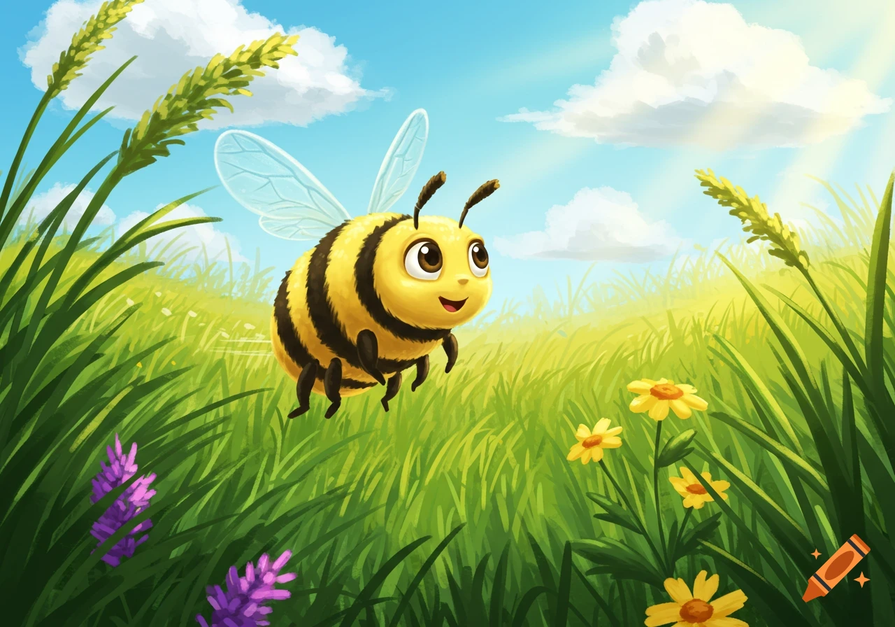 A cartoon bee buzzes through sunny grasslands with flowers. on Craiyon